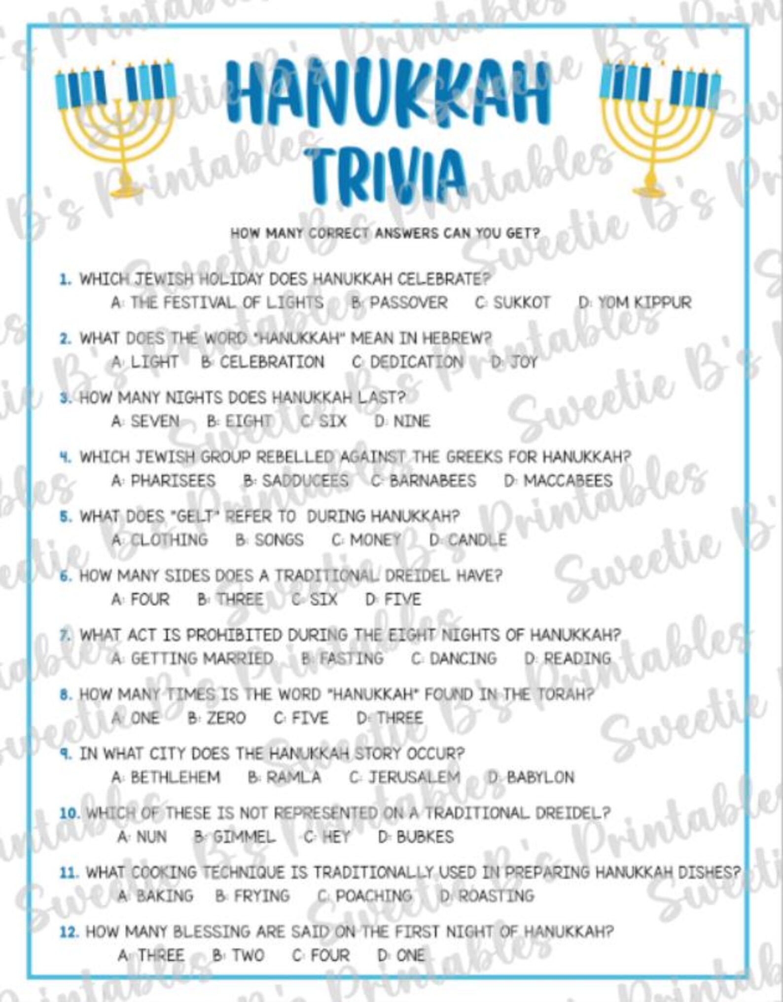 INSTANT DOWNLOAD Hanukkah Trivia Game Printable - Holiday Game ...