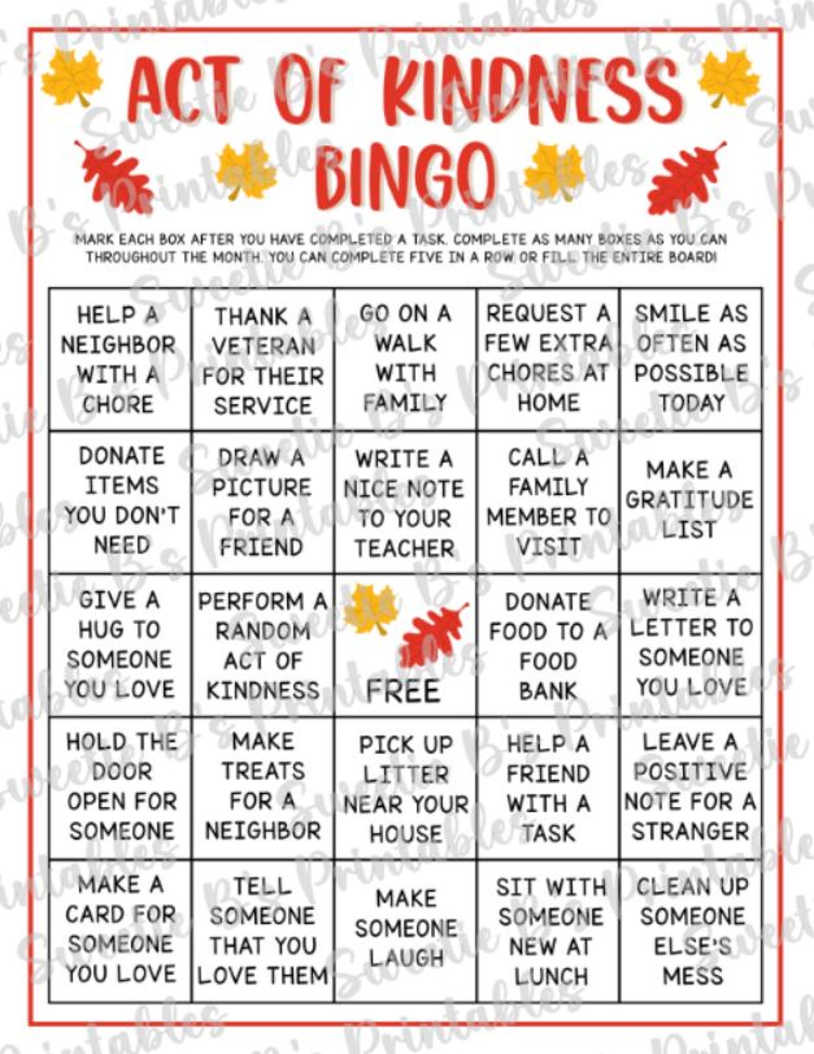 INSTANT DOWNLOAD Autumn Acts of Kindness Bingo Printable - Autumn Game ...