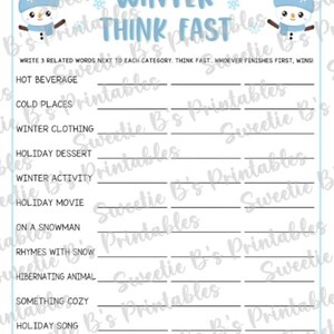 INSTANT DOWNLOAD Winter Think Fast Game Printable - Holiday Game ...