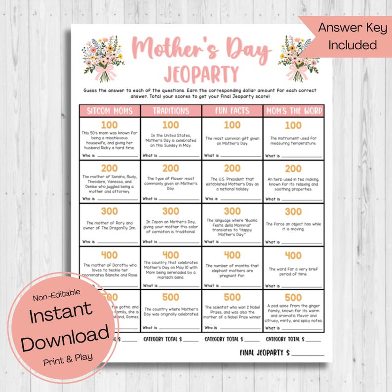 INSTANT DOWNLOAD Mother's Day Jeoparty Game Printable - Mother's Day ...