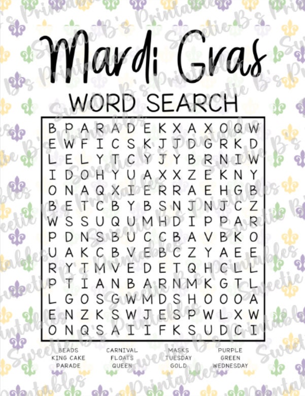 INSTANT DOWNLOAD Mardi Gras Word Search Printable Mardi Gras Game ...