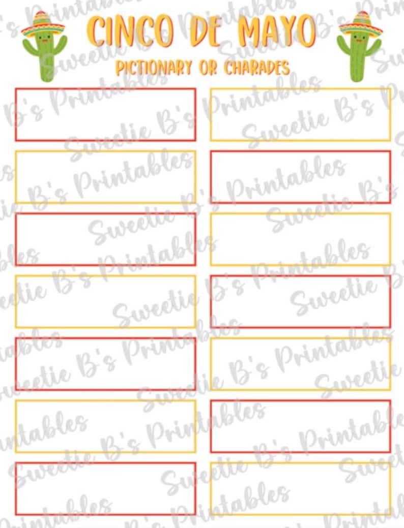 INSTANT DOWNLOAD Cinco De Mayo Pictionary or Charades Printable - Cinco ...