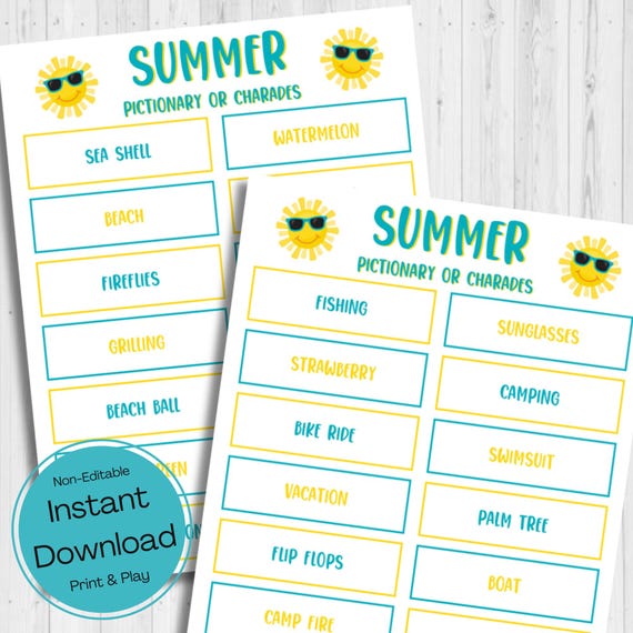 Summer Pictionary Words Printable