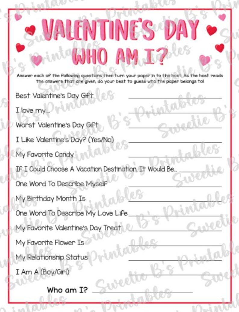 INSTANT DOWNLOAD Valentine's Who Am I Printable - Valentine Ice Breaker ...