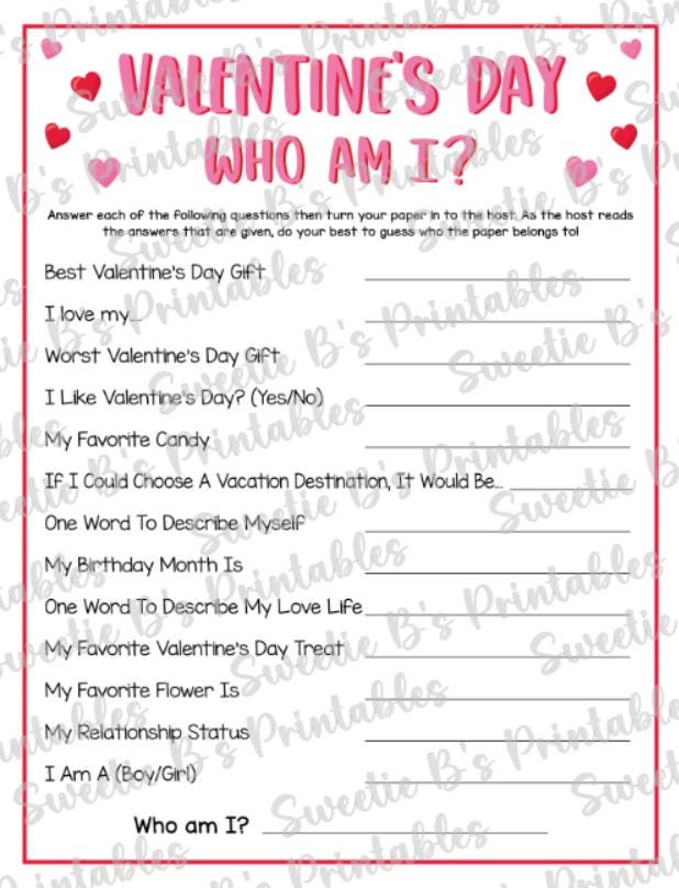 INSTANT DOWNLOAD Valentine's Who Am I Printable - Valentine Ice Breaker ...