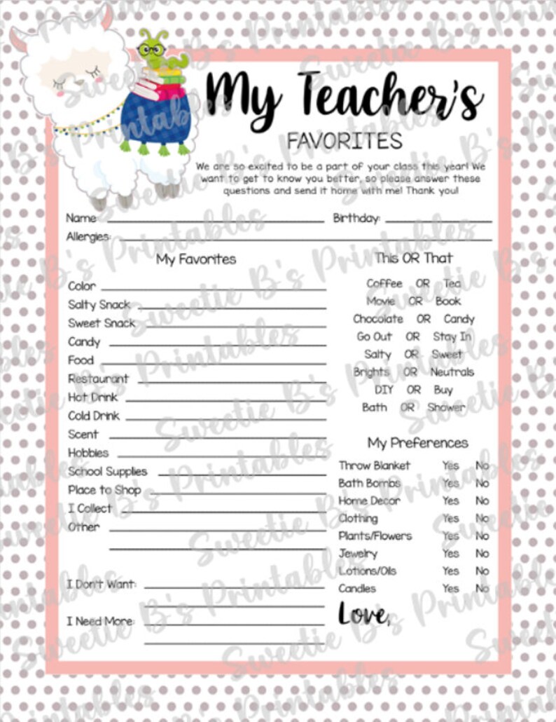 INSTANT DOWNLOAD - Teacher Appreciation Survey Printable - Teacher ...