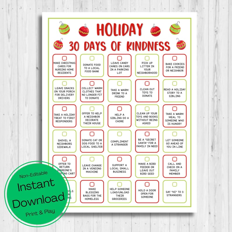 INSTANT DOWNLOAD Christmas 30 Days of Kindness Printable - Holiday Game ...