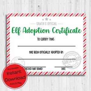 INSTANT DOWNLOAD Elf Adoption Certificate Printable - Christmas Elf ...