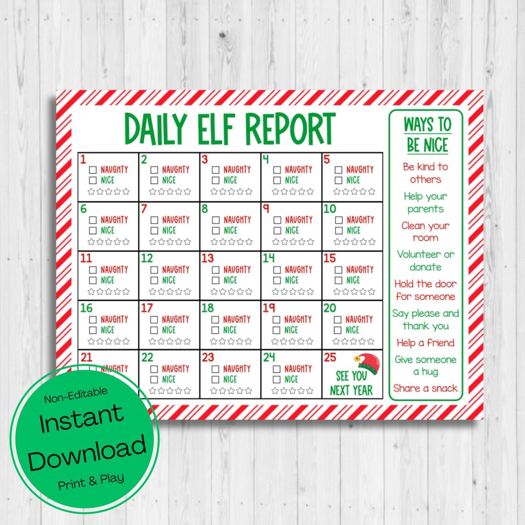 INSTANT DOWNLOAD Elf Report Calendar Printable - Christmas Elf ...