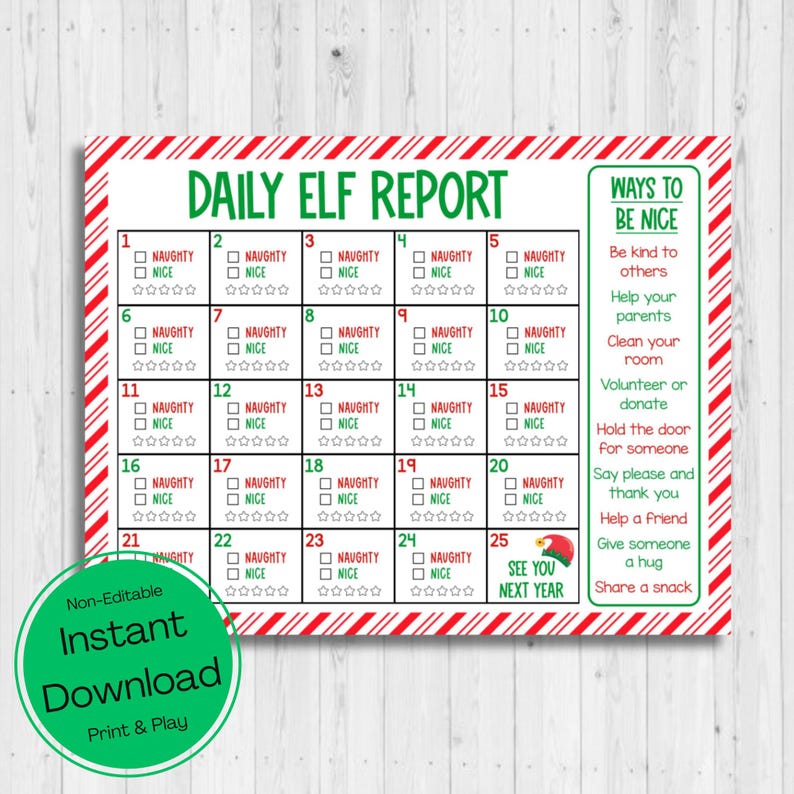 INSTANT DOWNLOAD Elf Report Calendar Printable - Christmas Elf ...