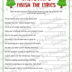 INSTANT DOWNLOAD Christmas Finish the Lyrics Game Printable - Holiday ...
