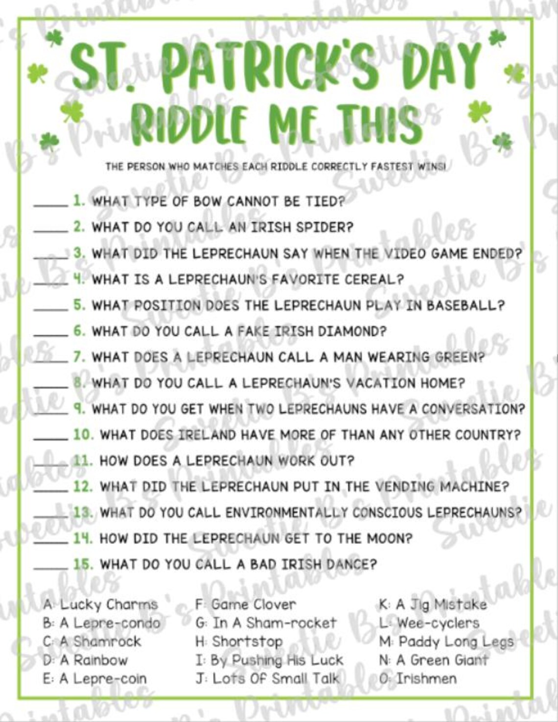 INSTANT DOWNLOAD St Patrick's Day Riddle Game Printable - St Patrick's ...