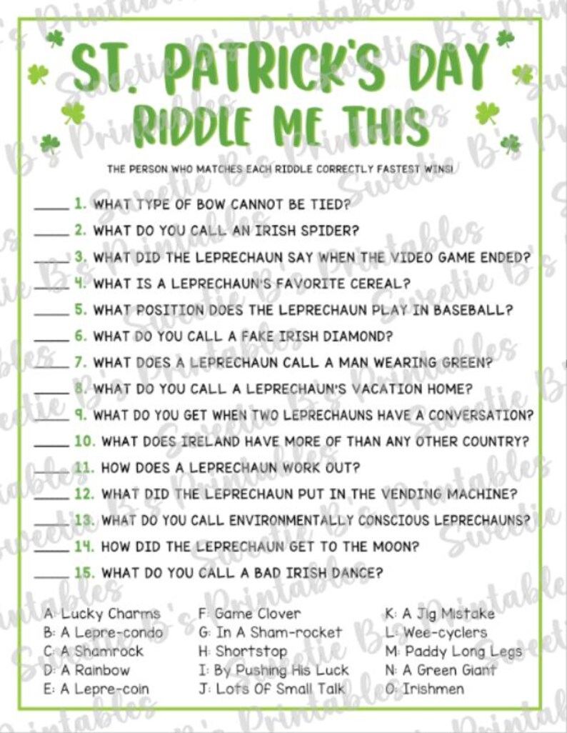 INSTANT DOWNLOAD St Patrick's Day Riddle Game Printable - St Patrick's ...