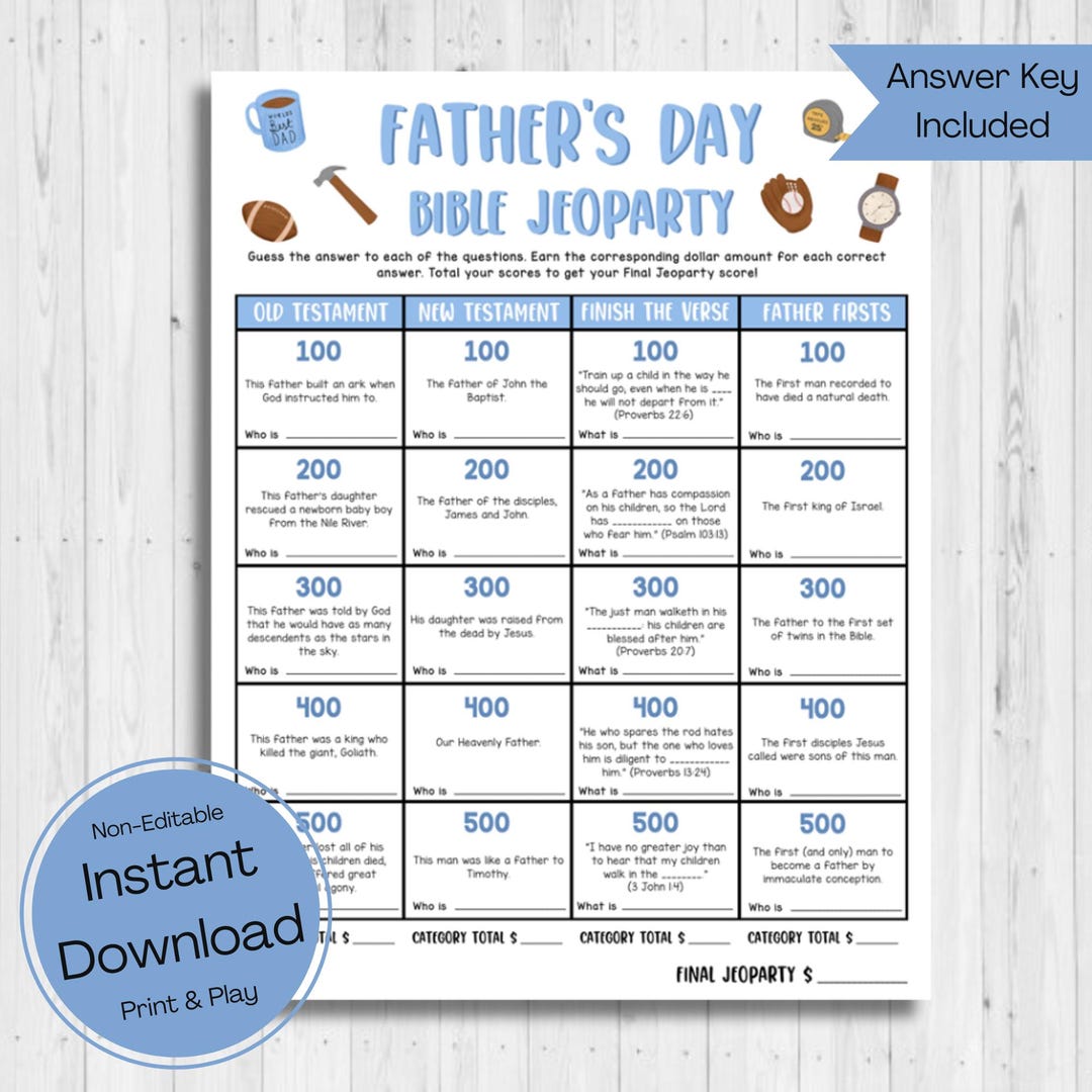 INSTANT DOWNLOAD Father's Day Bible Jeoparty Game Printable - Church ...
