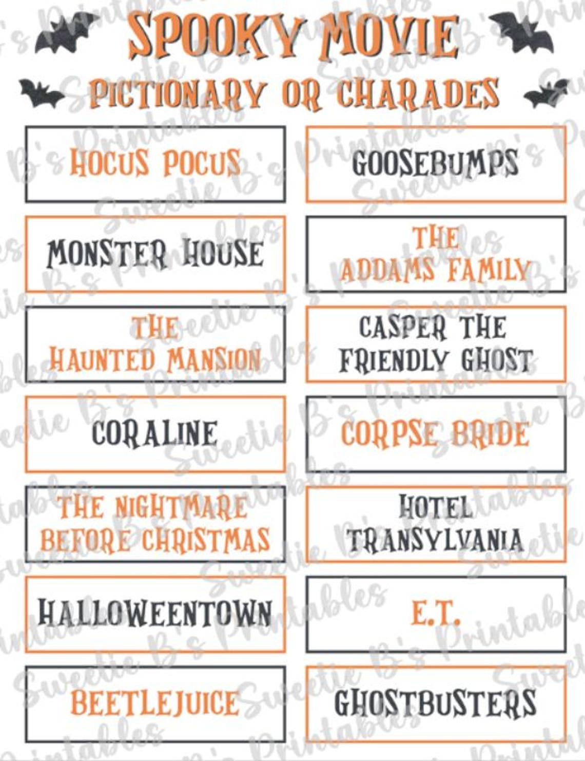 INSTANT DOWNLOAD Spooky Movie Pictionary or Charades Printable ...