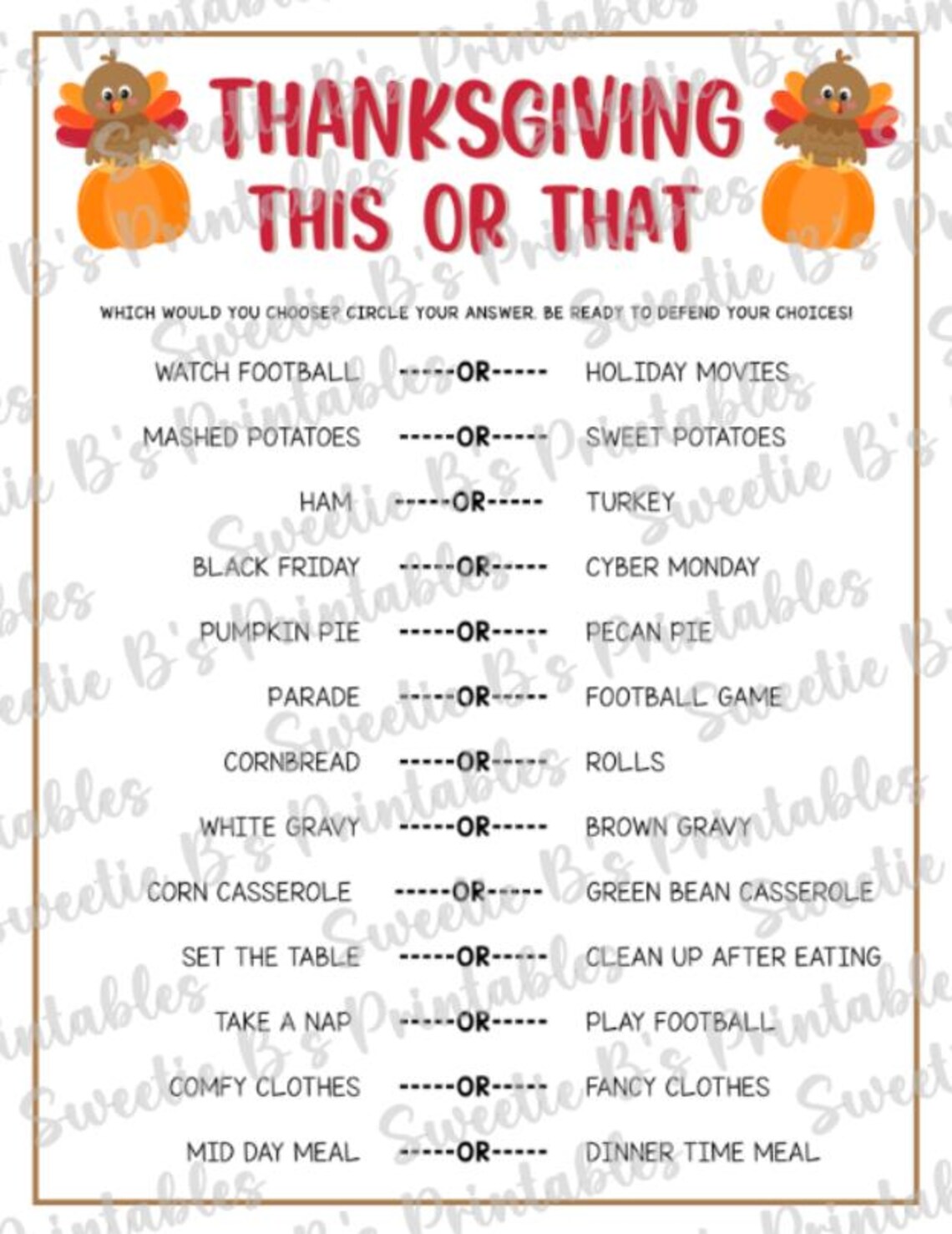 INSTANT DOWNLOAD Thanksgiving This or That Game Printable - Autumn Game ...