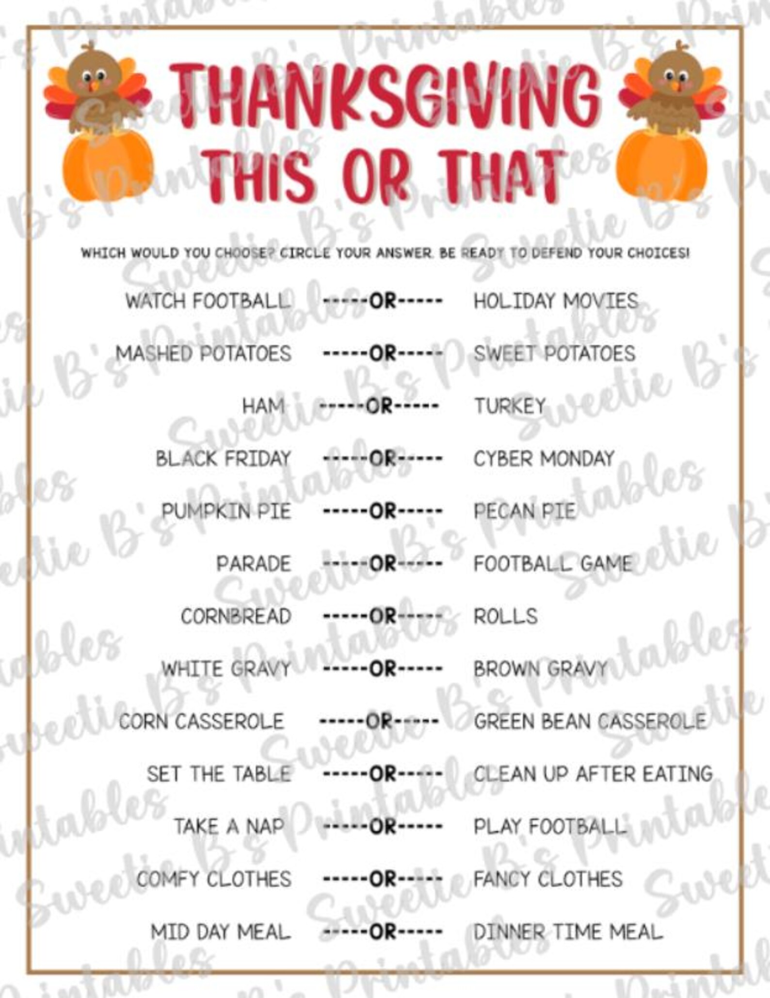 INSTANT DOWNLOAD Thanksgiving This or That Game Printable - Autumn Game ...