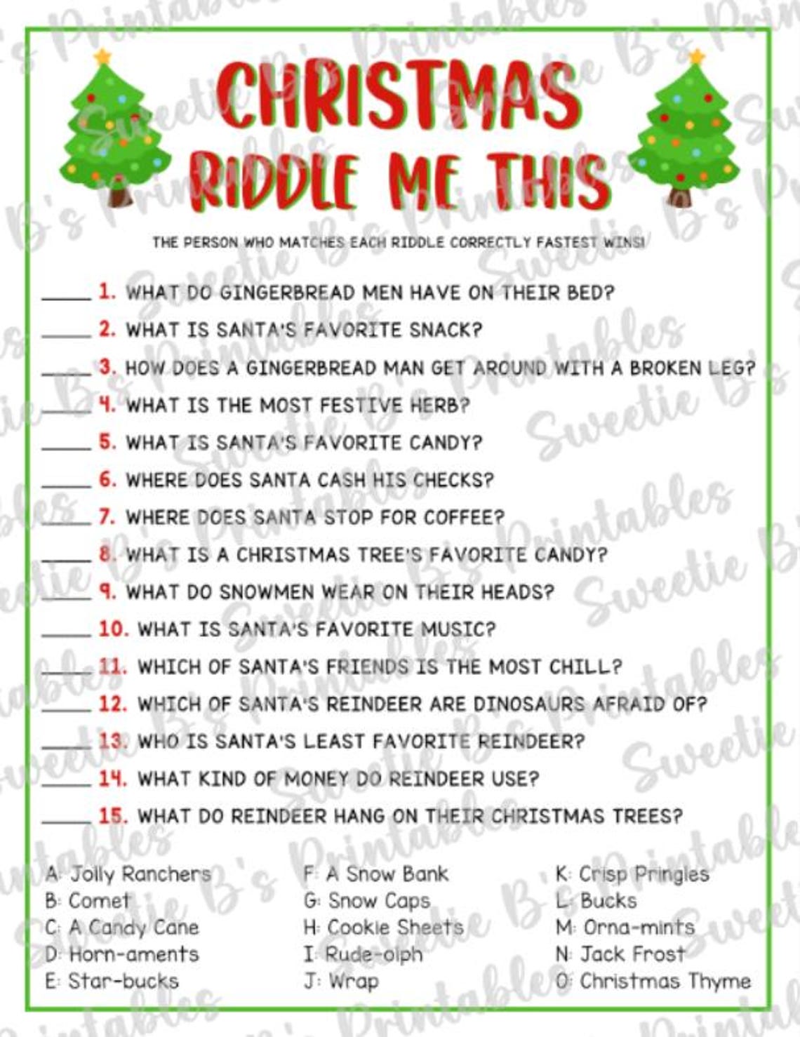 INSTANT DOWNLOAD Christmas Riddle Game Printable - Holiday Game ...