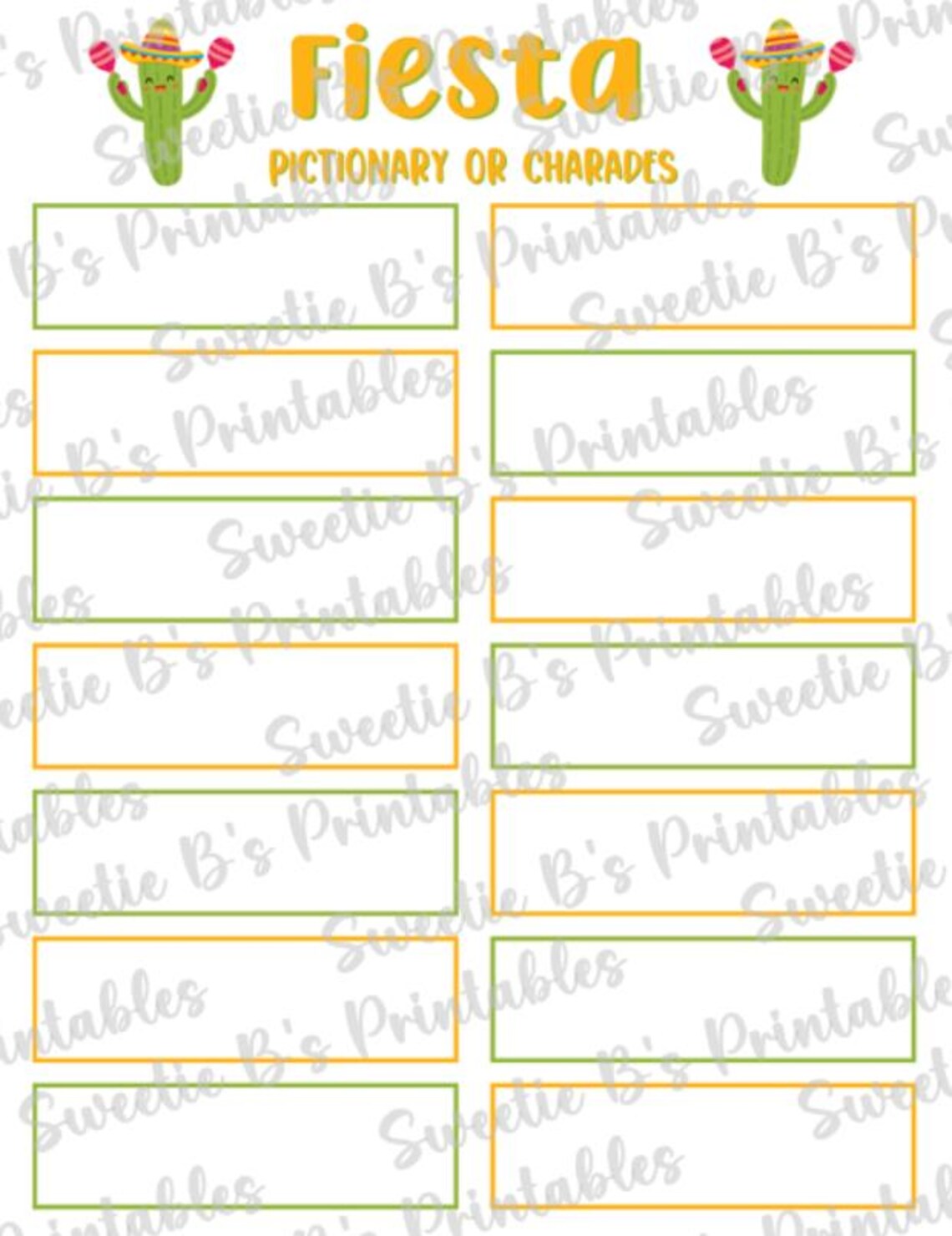 INSTANT DOWNLOAD Fiesta Pictionary or Charades Printable - Fiesta Party ...