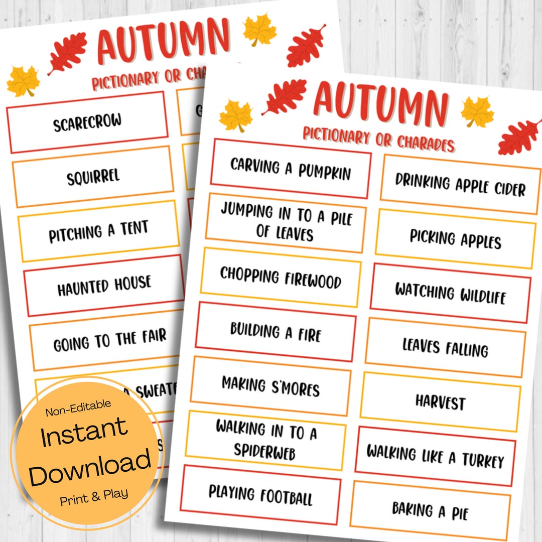 INSTANT DOWNLOAD Autumn Pictionary or Charades Printable - Autumn Game ...