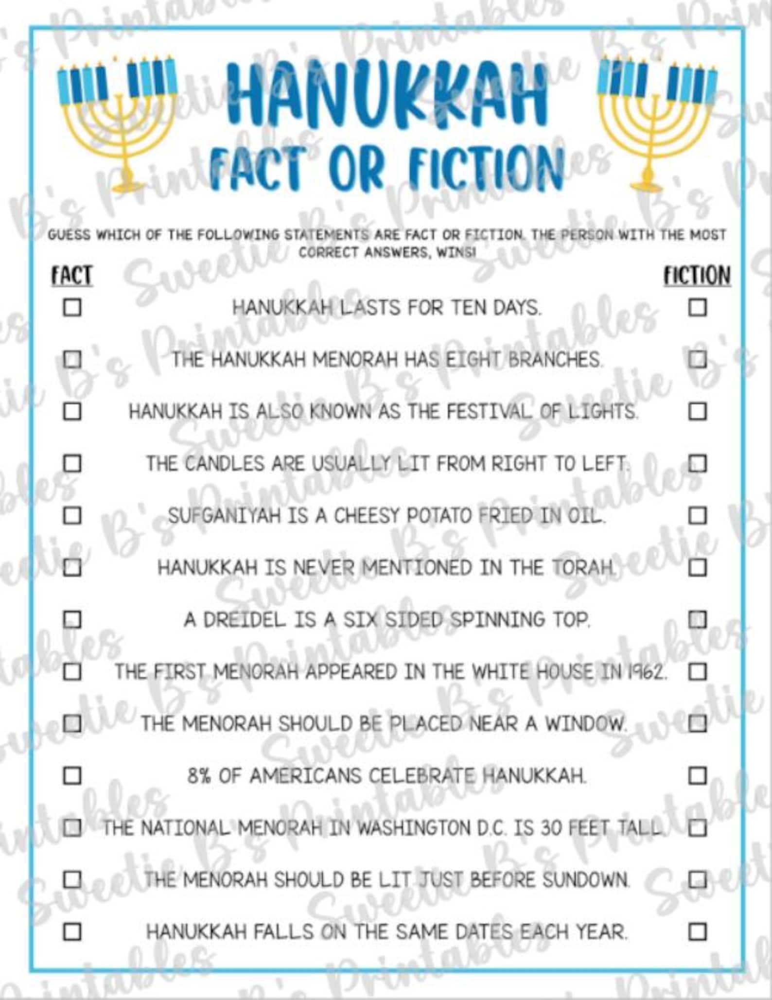 INSTANT DOWNLOAD Hanukkah Fact or Fiction Game Printable - Holiday Game ...