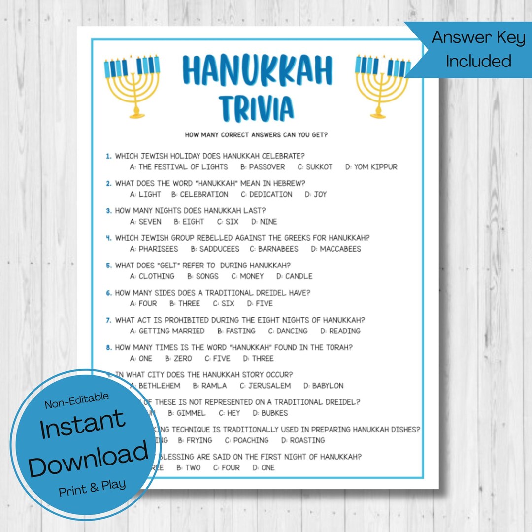 INSTANT DOWNLOAD Hanukkah Trivia Game Printable - Holiday Game ...