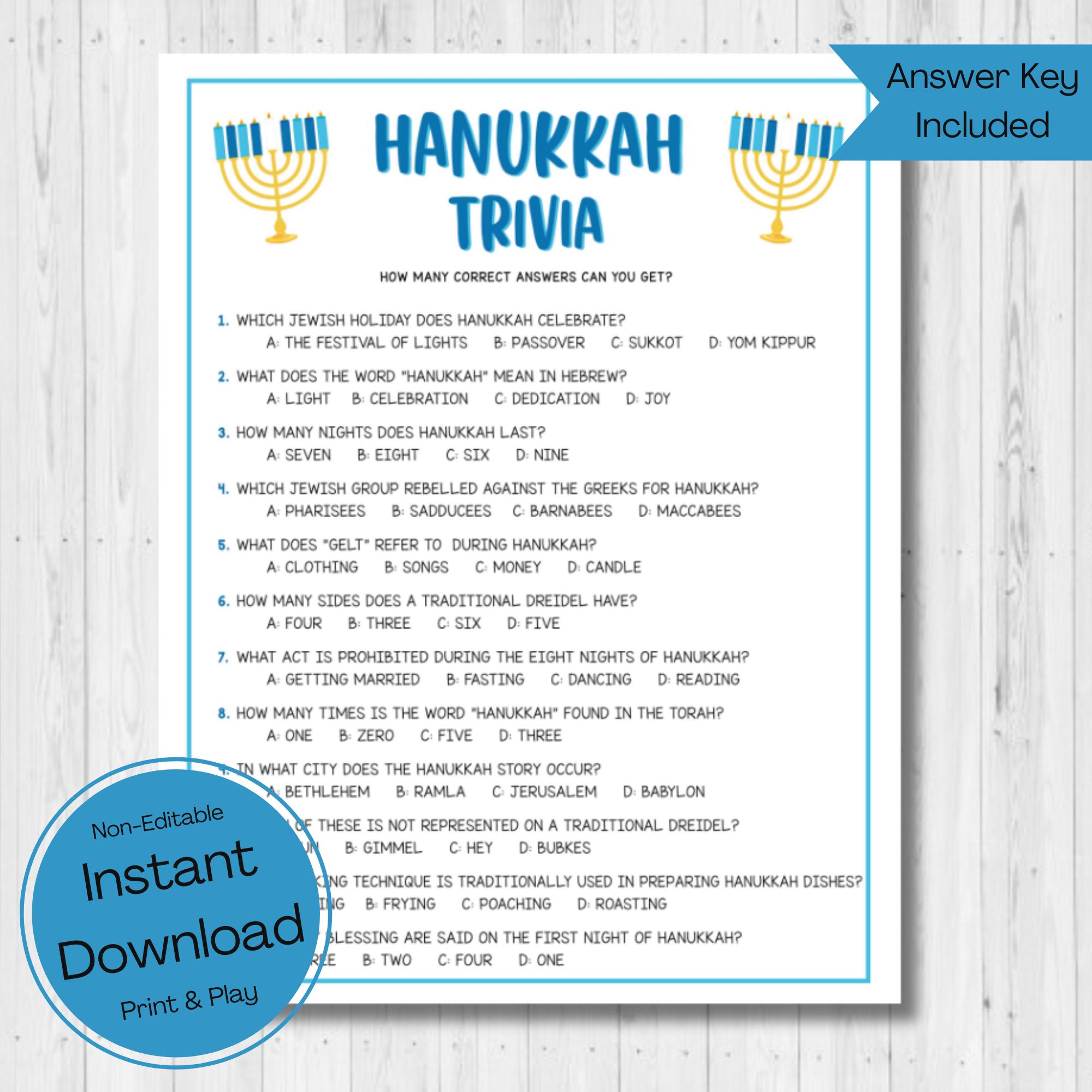 INSTANT DOWNLOAD Hanukkah Trivia Game Printable - Holiday Game ...