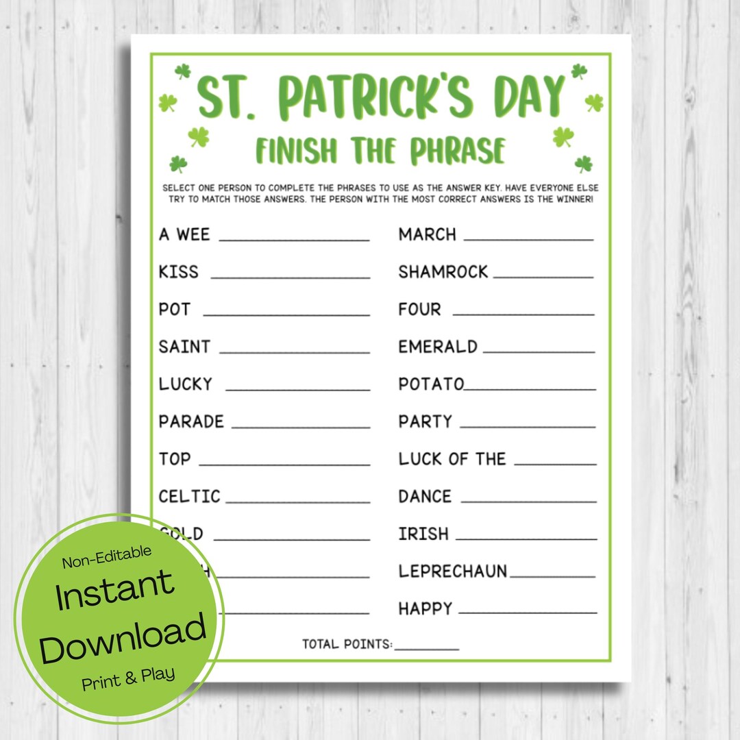 INSTANT DOWNLOAD St Patrick's Day Finish the Phrase Game Printable - St ...