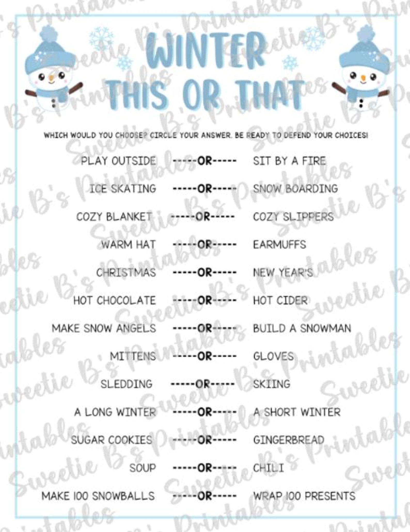 INSTANT DOWNLOAD Winter This or That Game Printable - Holiday Game ...