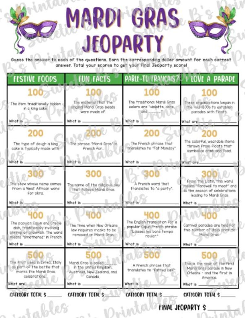INSTANT DOWNLOAD Mardi Gras Jeoparty Game Printable - Holiday Game ...