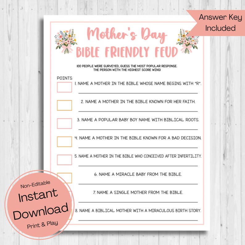 INSTANT DOWNLOAD Mother's Day Bible Friendly Feud Game Printable ...