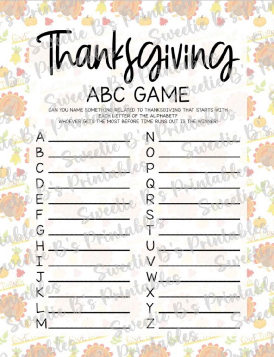 INSTANT DOWNLOAD Thanksgiving ABC Game Printable - Thanksgiving Game ...
