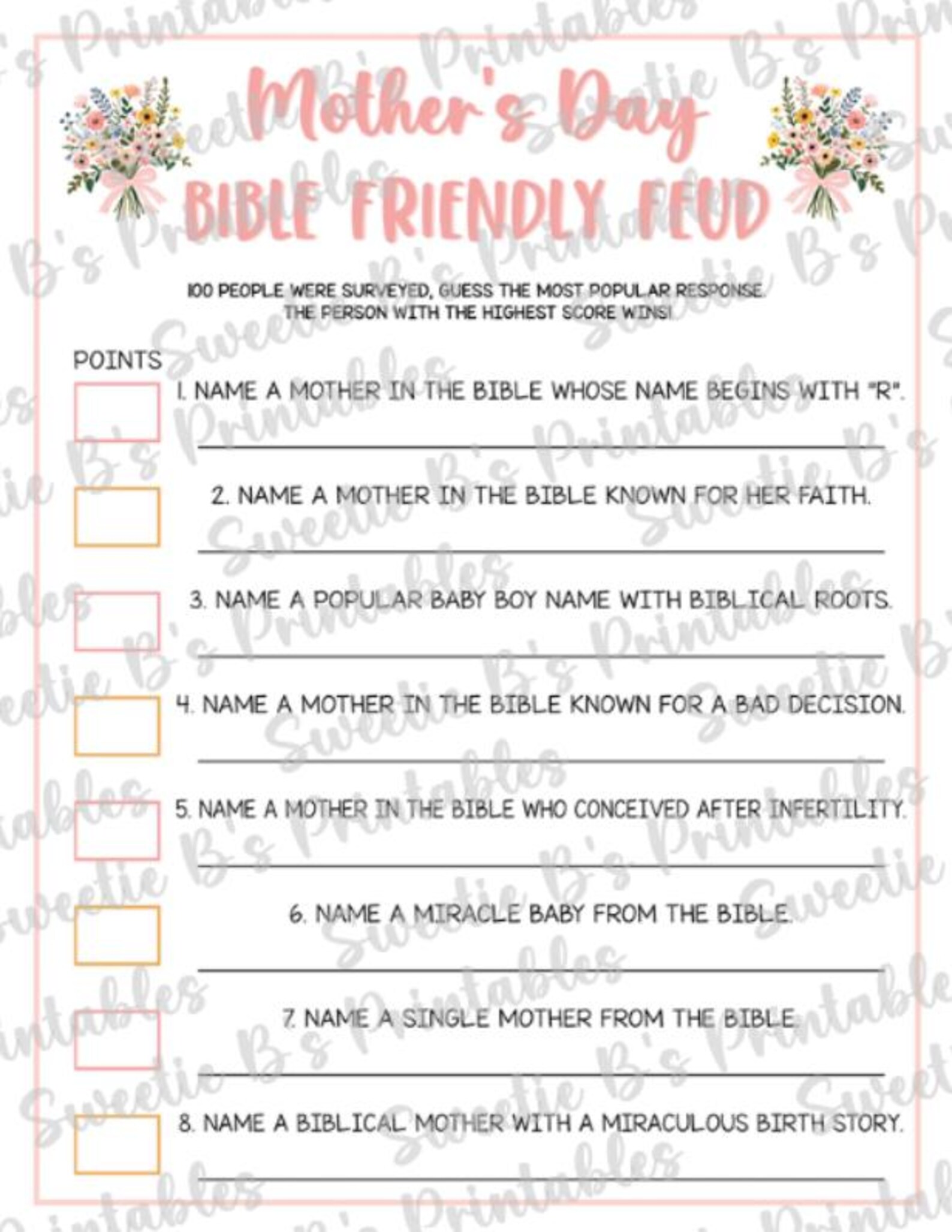 INSTANT DOWNLOAD Mother's Day Bible Friendly Feud Game Printable ...