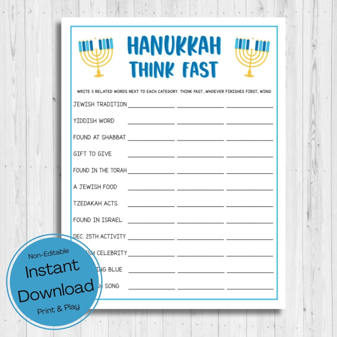 INSTANT DOWNLOAD Hanukkah Think Fast Printable - Hanukkah Game ...
