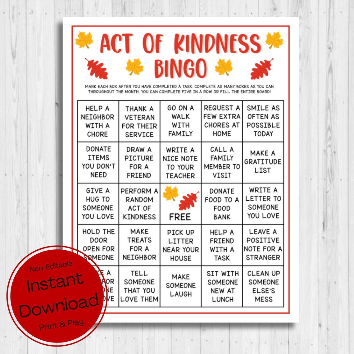 INSTANT DOWNLOAD Autumn Acts of Kindness Bingo Printable - Autumn Game ...
