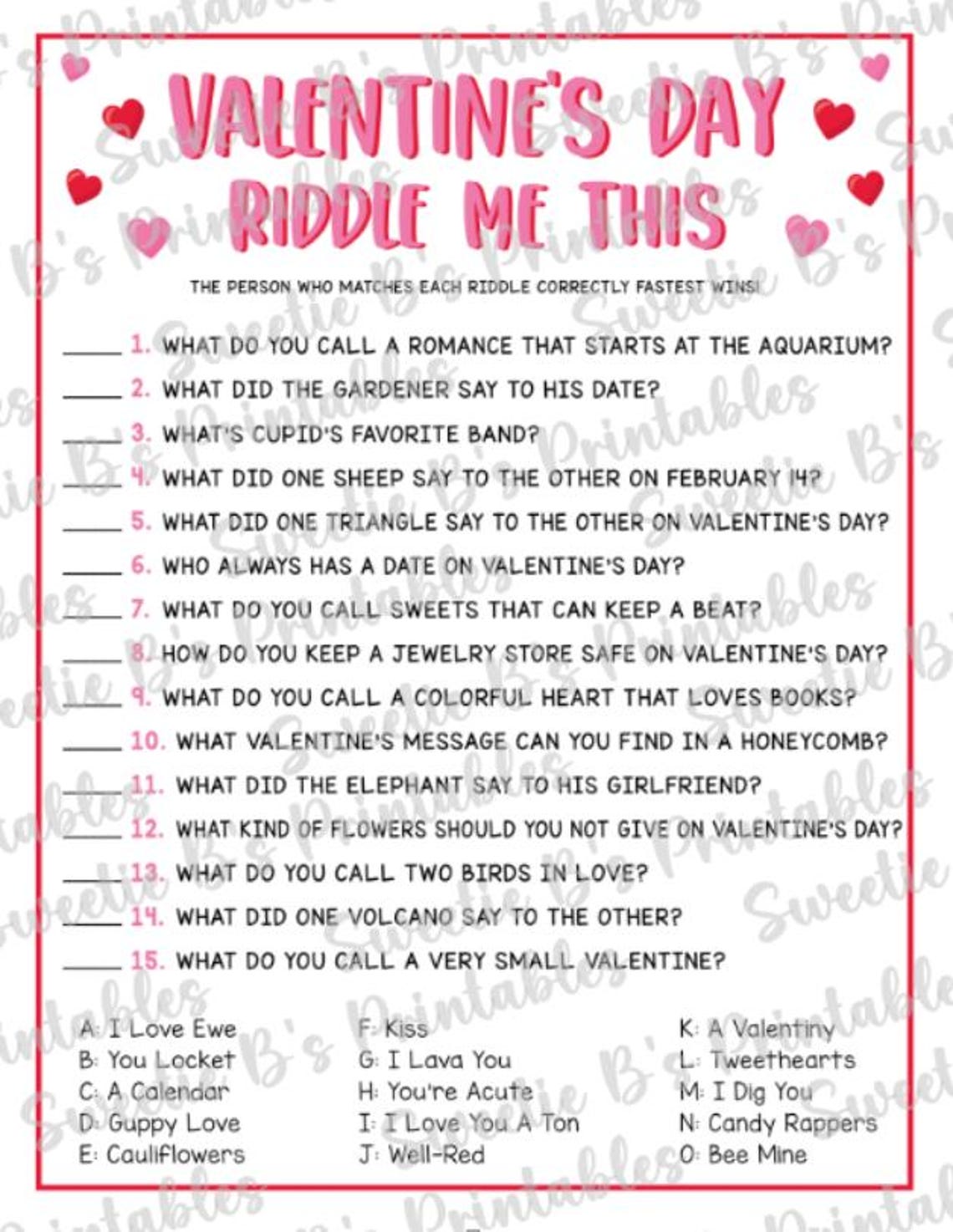 INSTANT DOWNLOAD Valentine's Day Riddle Game Printable -valentine's Day ...