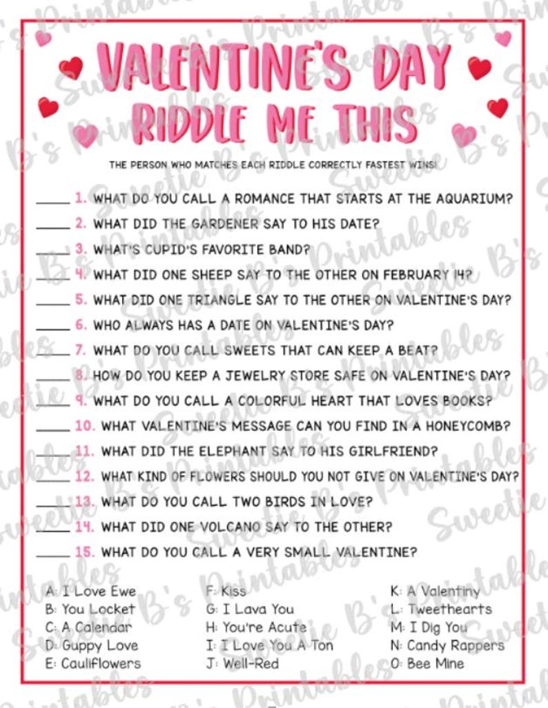 INSTANT DOWNLOAD Valentine's Day Riddle Game Printable -valentine's Day ...
