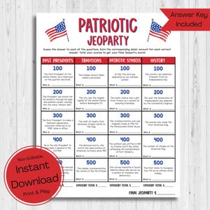 INSTANT DOWNLOAD 4th of July Jeoparty Game Printable - Patrotic Game ...
