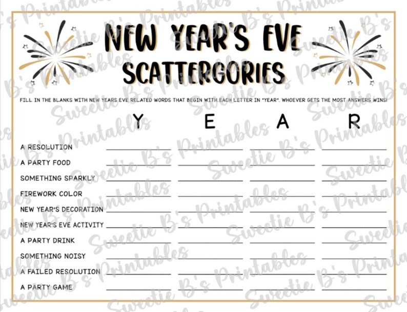 INSTANT DOWNLOAD New Year's Eve Scattergories Printable Game Bundle ...