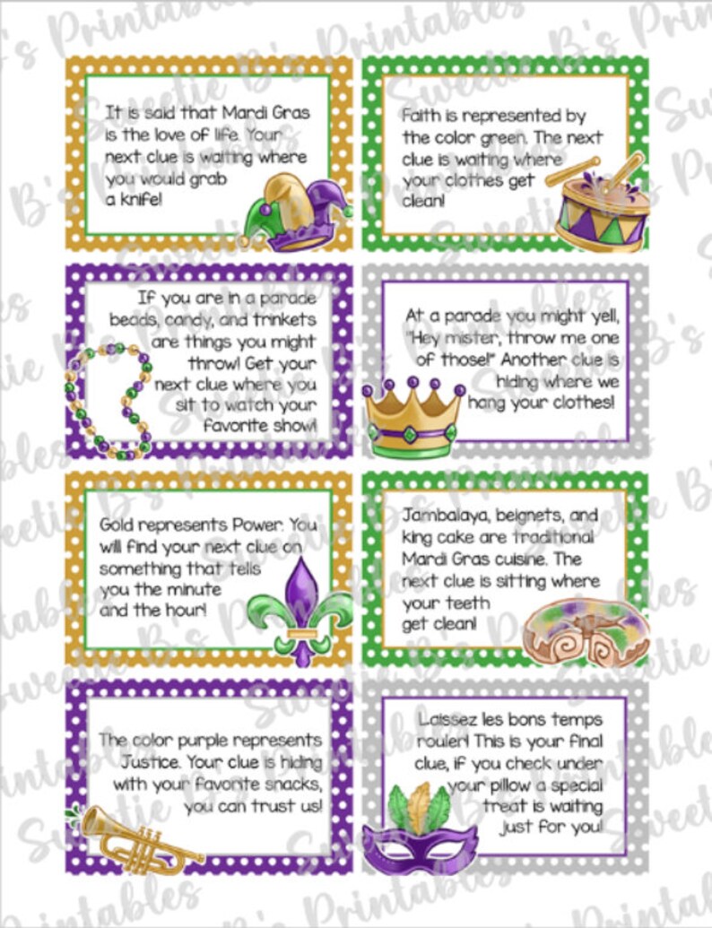 INSTANT DOWNLOAD Mardi Gras Treasure Hunt Printable - Mardi Gras Game ...