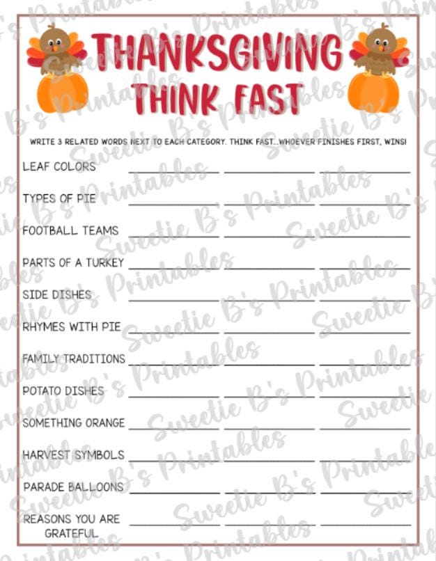 INSTANT DOWNLOAD Thanksgiving Think Fast Game Printable - Friendsgiving ...