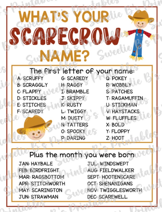 INSTANT DOWNLOAD What's Your Scarecrow Name Printable - Autumn Party ...