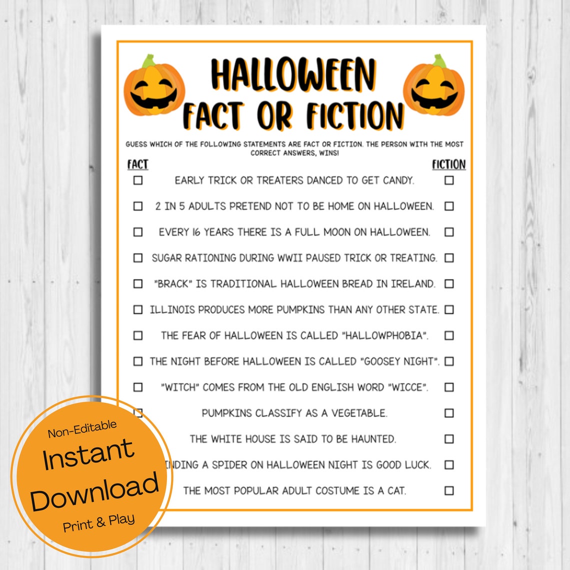 INSTANT DOWNLOAD Halloween Fact or Fiction Game Printable - Autumn Game ...