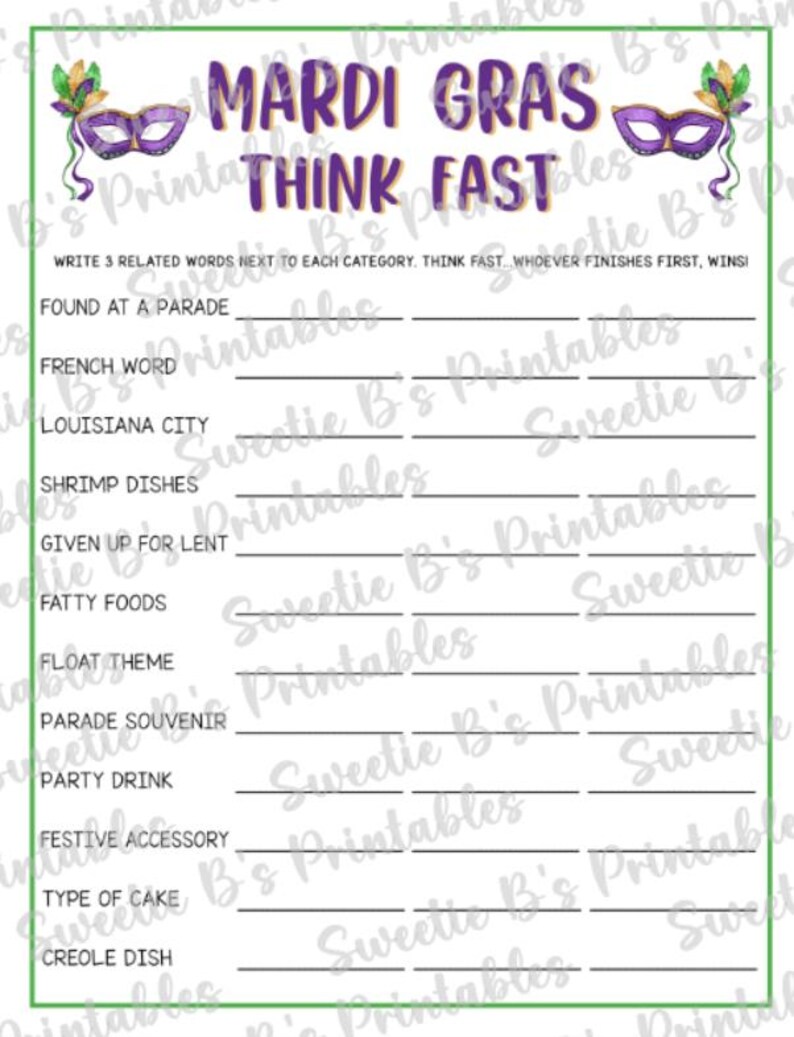 INSTANT DOWNLOAD Mardi Gras Think Fast Game Printable - Holiday Game ...