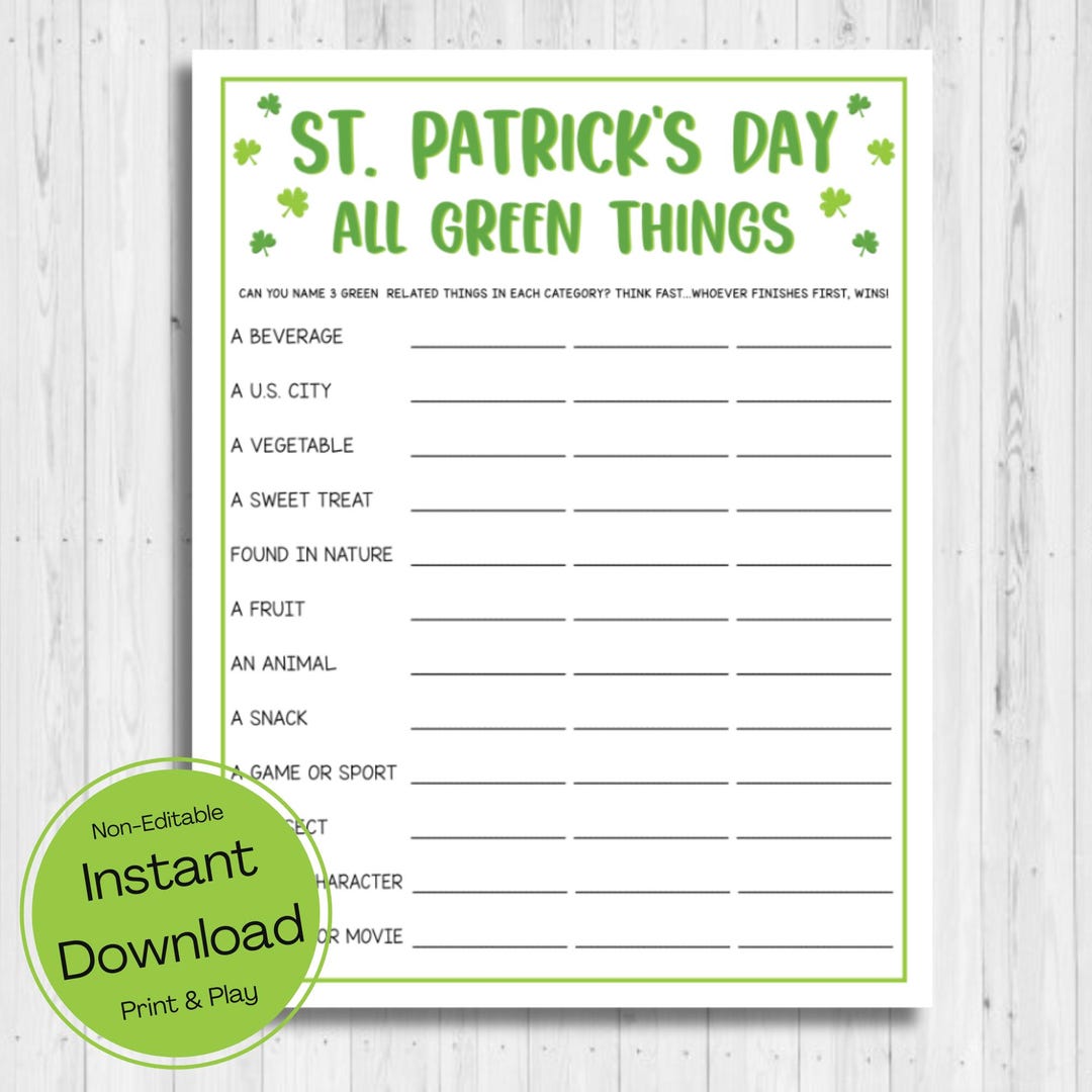 INSTANT DOWNLOAD St Patrick's Day Think Fast Game Printable - St ...