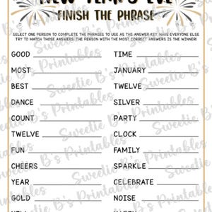 INSTANT DOWNLOAD New Year Finish the Phrase Printable - New Year's Eve ...