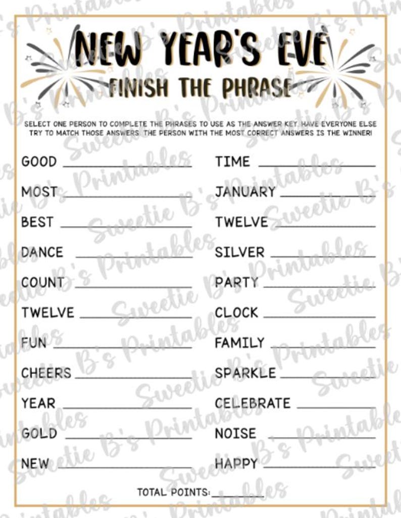 INSTANT DOWNLOAD New Year Finish the Phrase Printable - New Year's Eve ...
