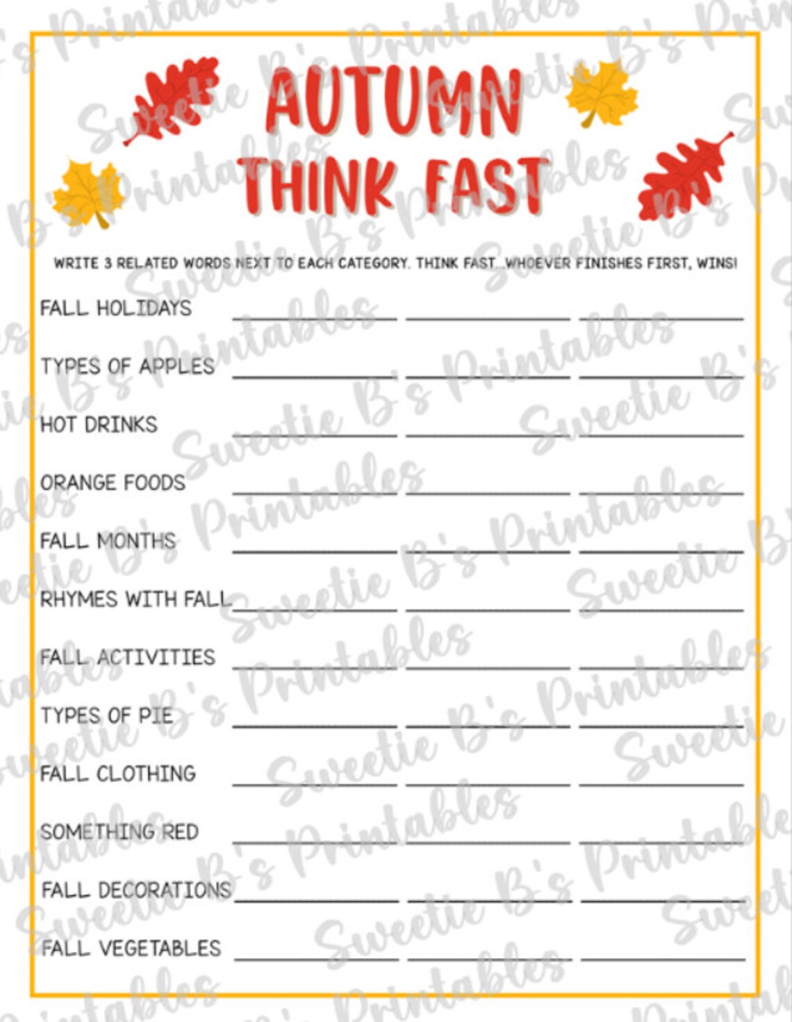 INSTANT DOWNLOAD Autumn Think Fast Game Printable - Autumn Game ...