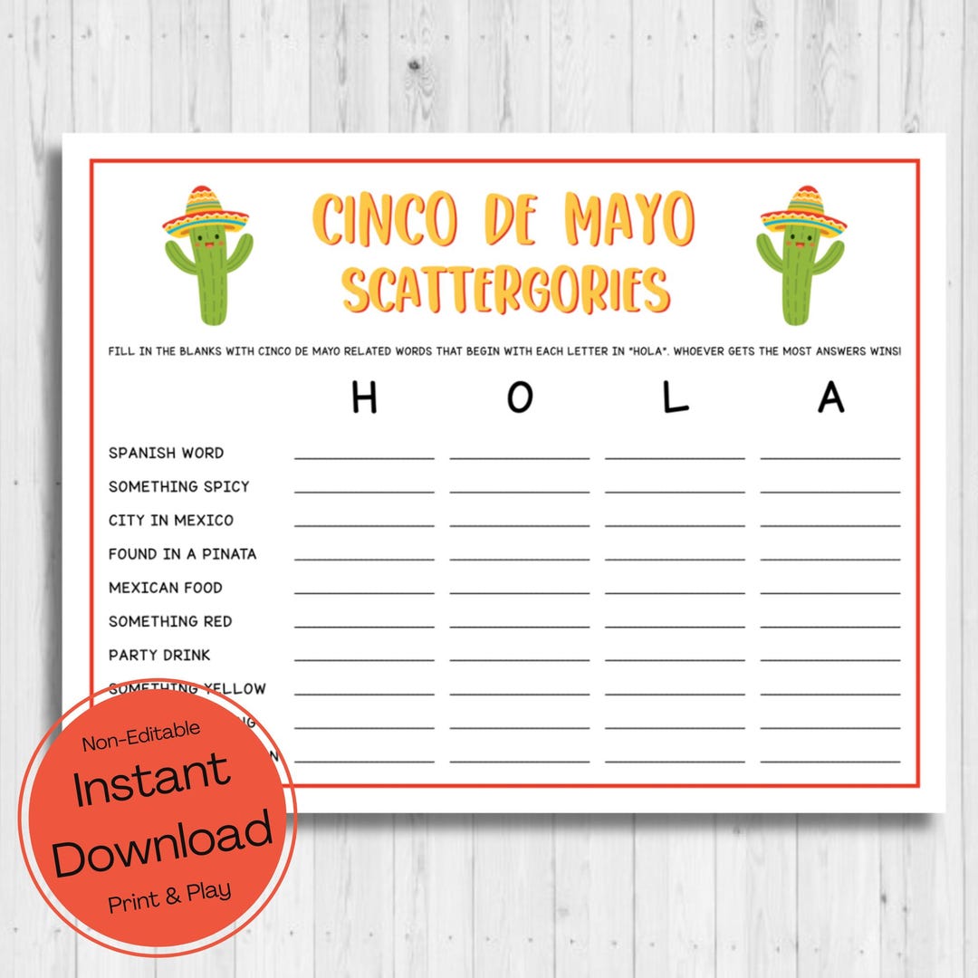 INSTANT DOWNLOAD Cinco De Mayo Scattergories Printable Game - Cinco De ...