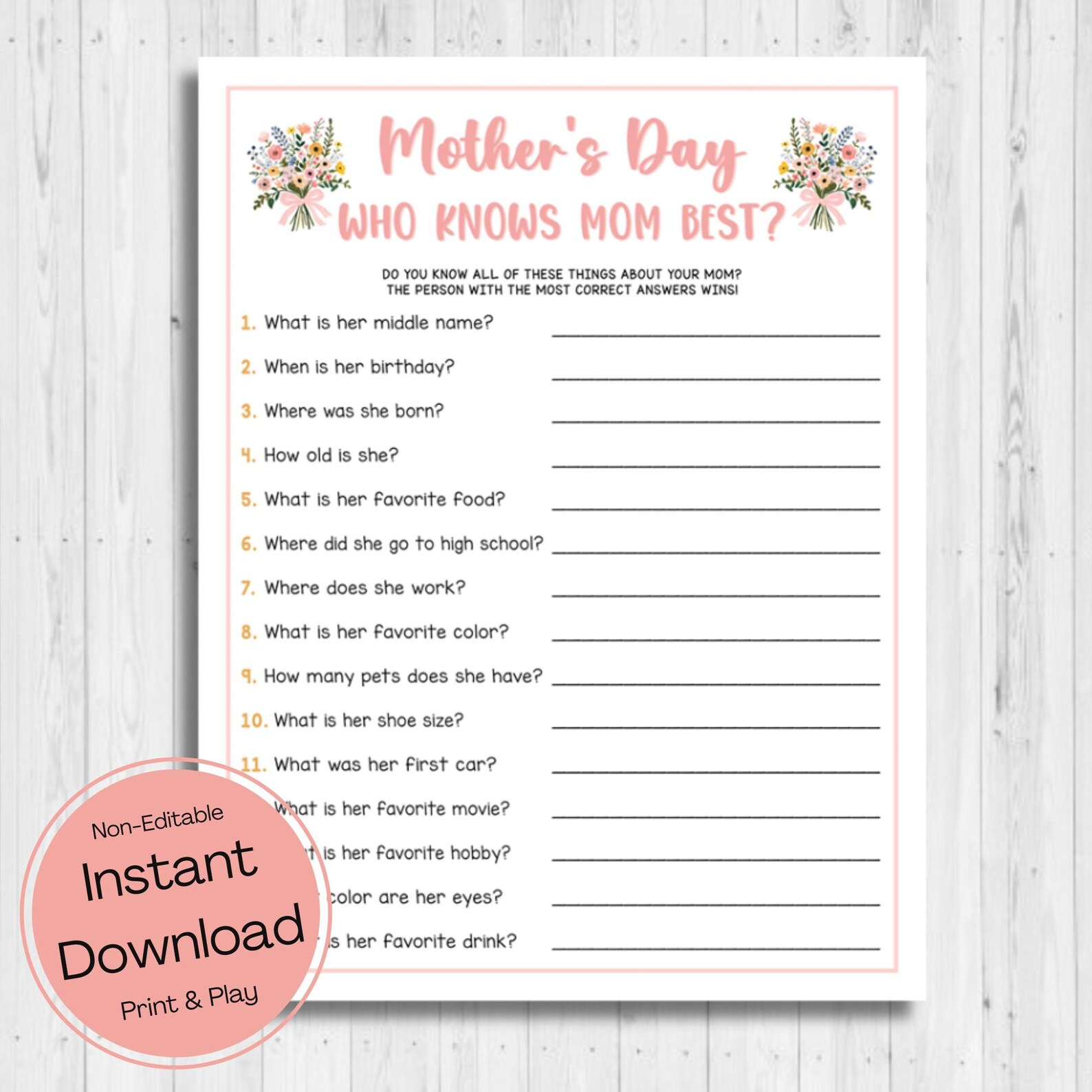 INSTANT DOWNLOAD Mother's Day Trivia Game Printable - Mother's Day ...